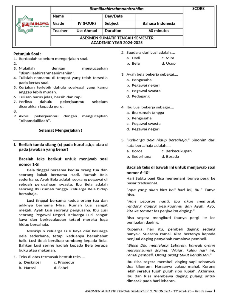 ASTS Bahasa Indonesia (Kelas 4) | PDF