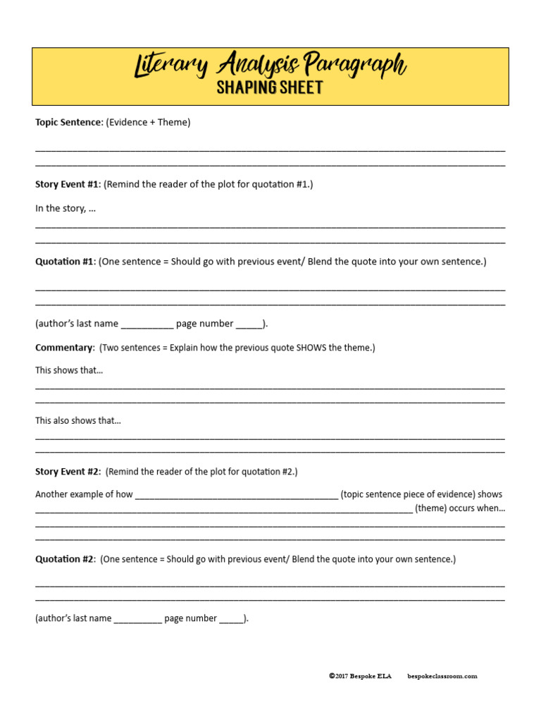 Literary Analysis Paragraph Shaping Sheet by Bespoke ELA | PDF ...