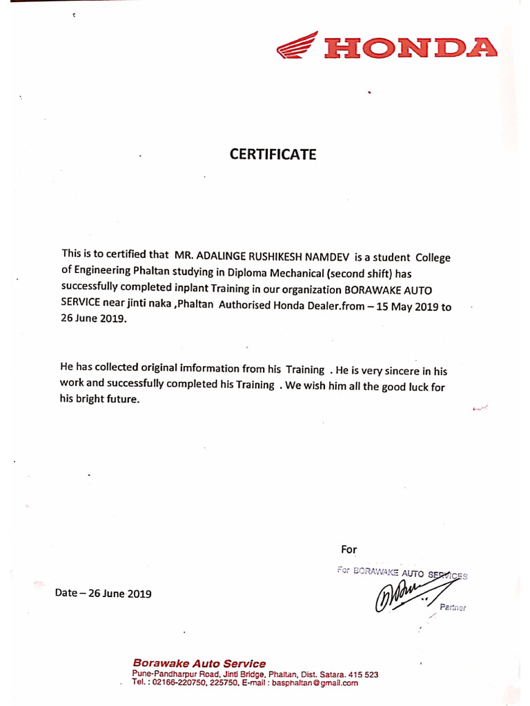 Inplant Training Certificate | PDF