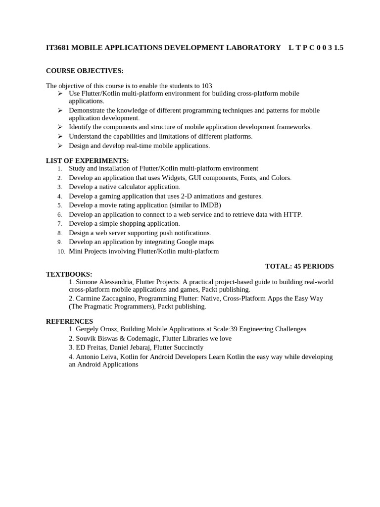 IT3681 Mobile Apps Development Lab Syllabus | PDF | Mobile App | Cross ...