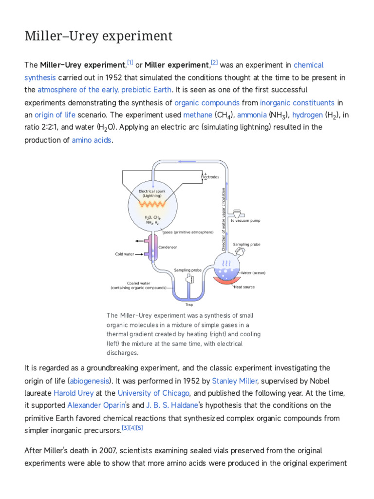 Miller–Urey Experiment - Wikipedia | PDF | Abiogenesis | Chemistry