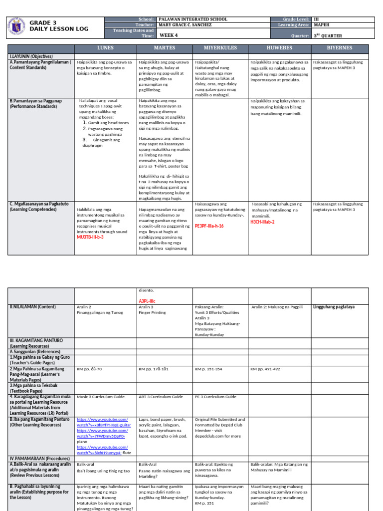 DLL - Mapeh 3 - Q3 - W4 | PDF