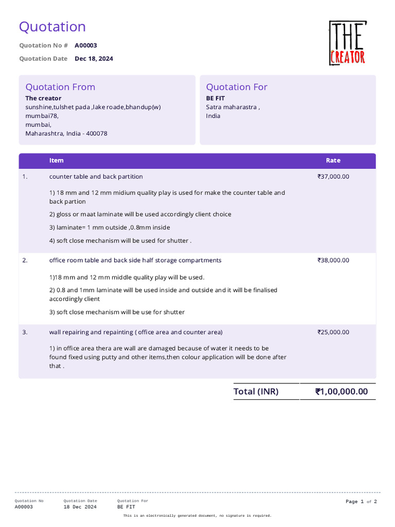 Quotation A00003 The Creator Be Fit | PDF