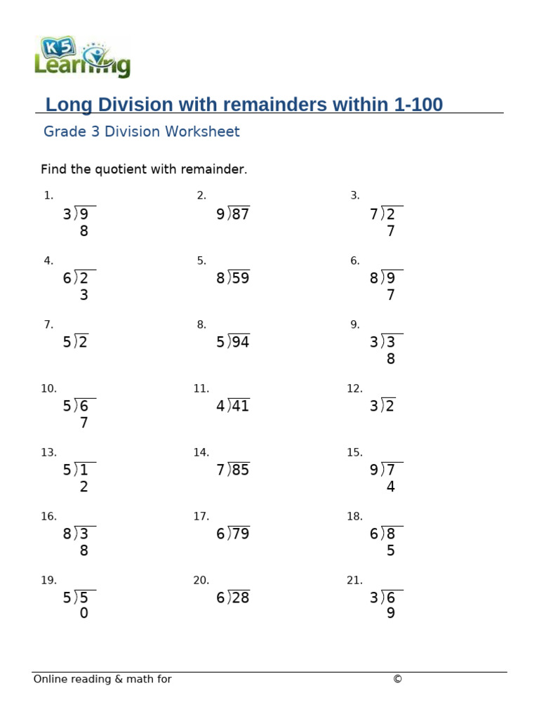 Grade 3 Long Division With Remainder Within 1 100 e | PDF