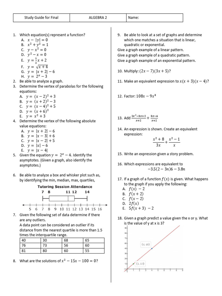 Algebra 2 Quarter 2 Final Study Guide | PDF | Quadratic Equation | Quartile