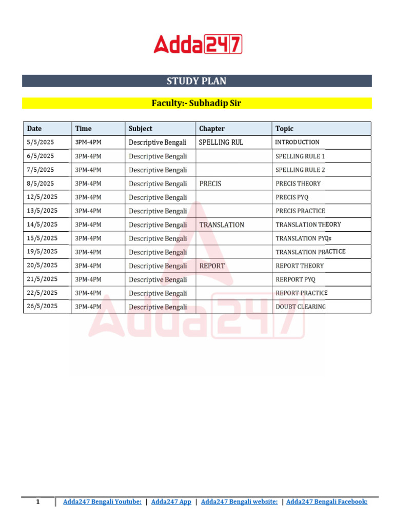 Study Plan: Faculty:-Subhadip Sir | PDF