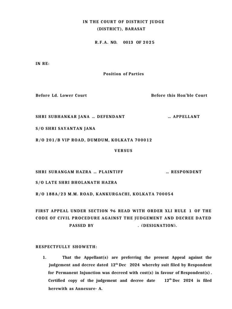 Utsav Hazra Memorandum of Appeal | PDF | Lawsuit | Judgment (Law)