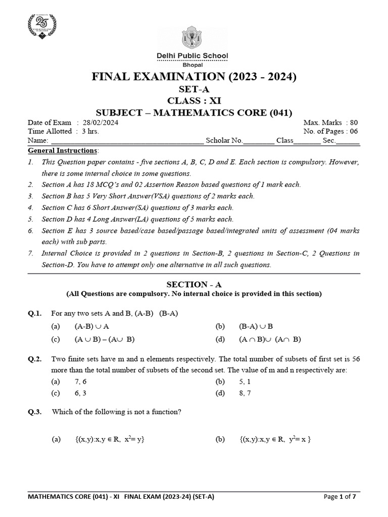 Class XI Mathematics Final Exam 2024 | PDF | Mathematical Objects ...