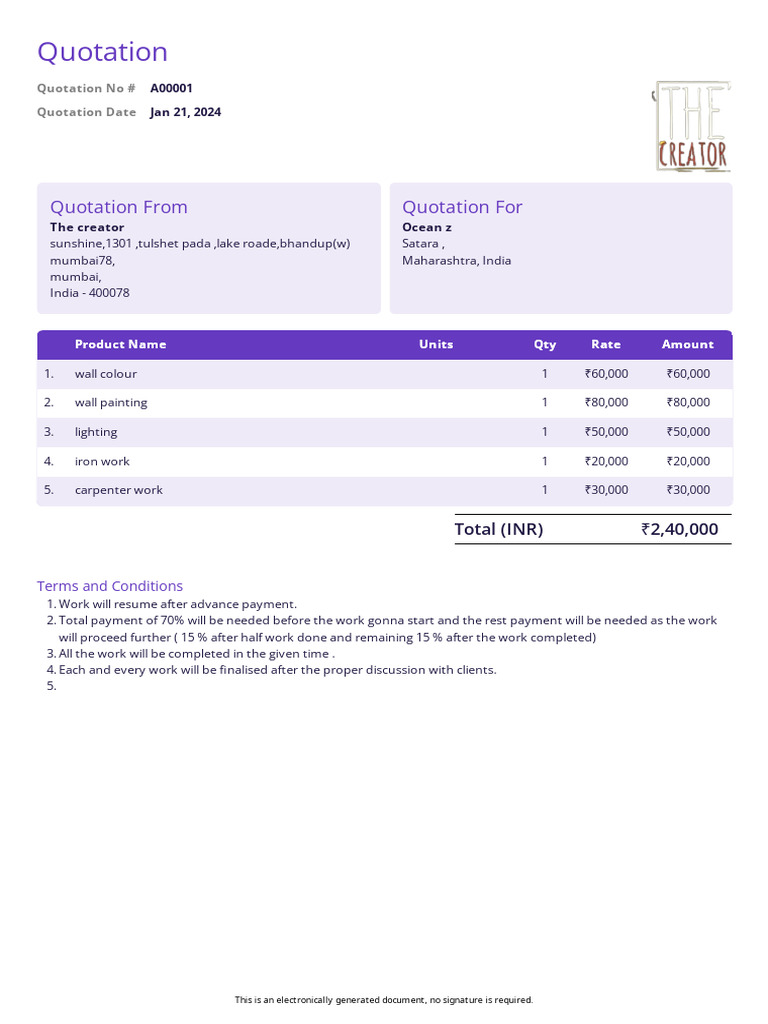 Quotation A00001 The Creator Ocean Z | PDF