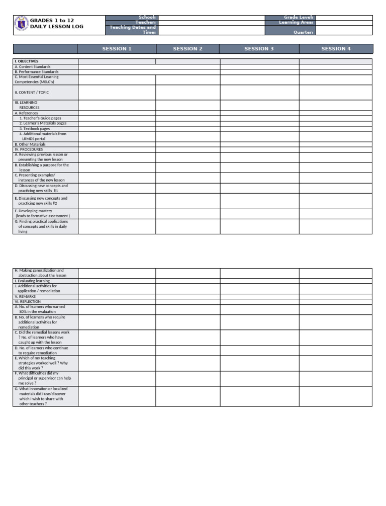 Daily Lesson Log Template | PDF