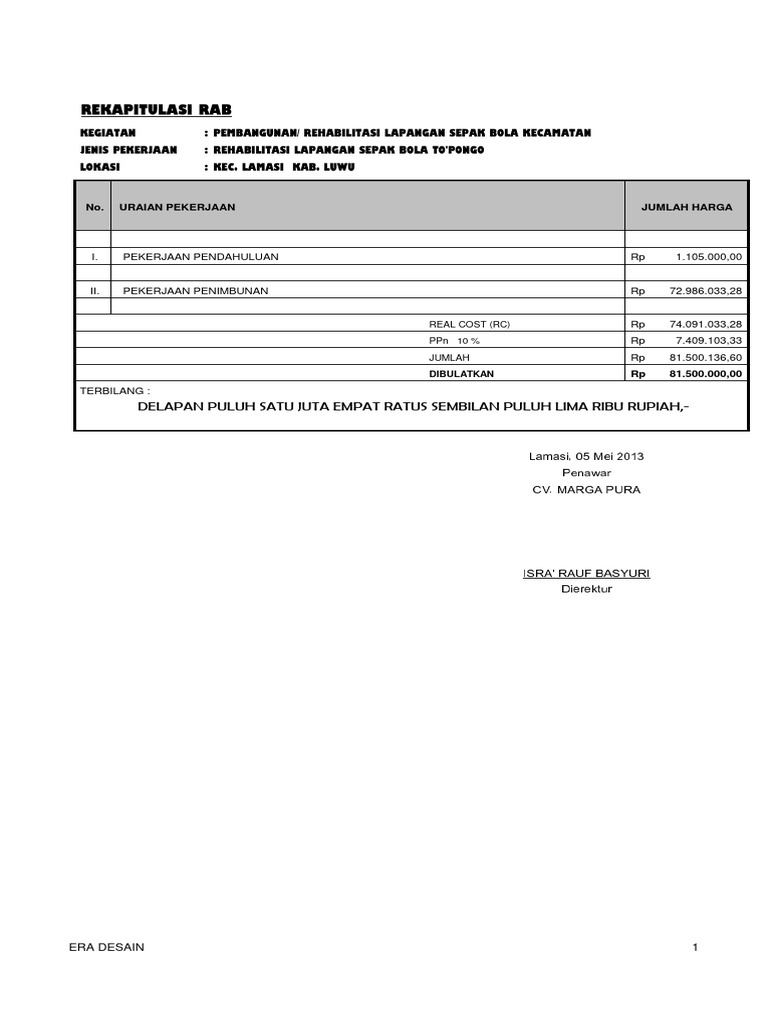 Contoh RAB Lap Sepak Bola | PDF