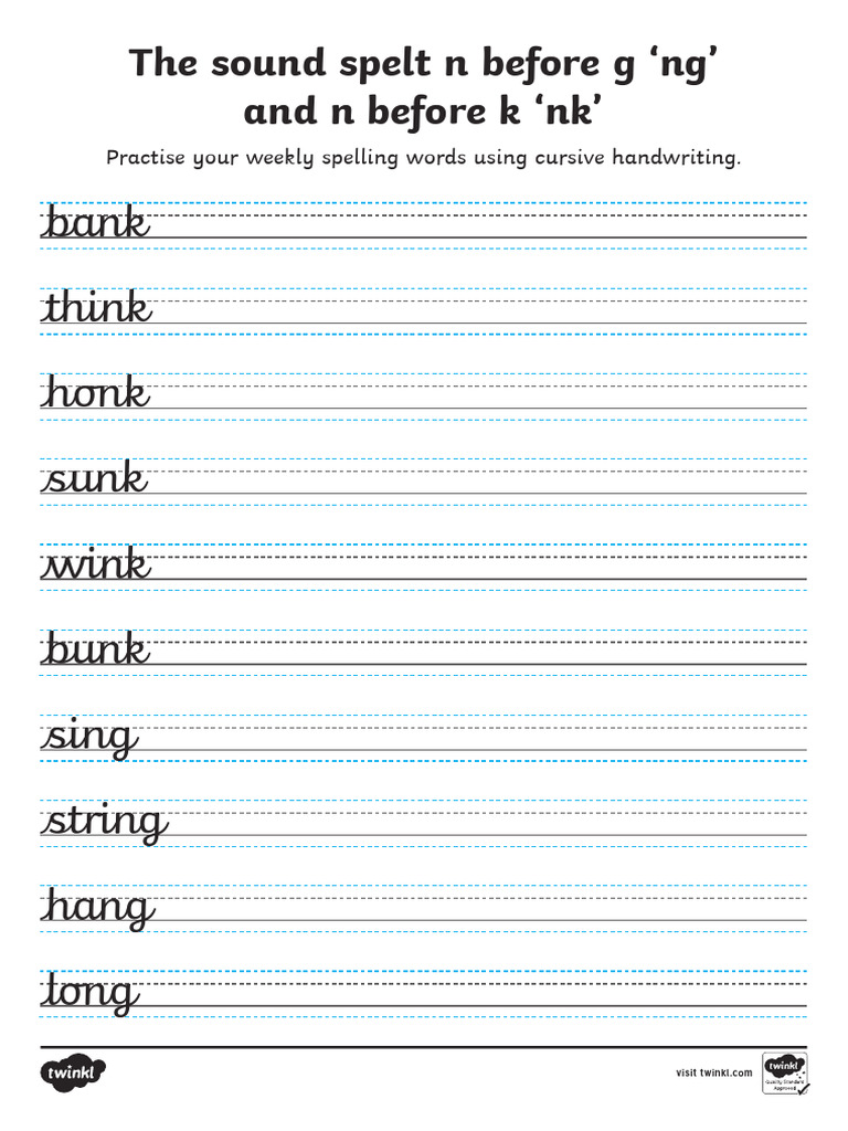Grade 2 Phonics - NG - NK Handwriting Practice - Continuous Cursive | PDF