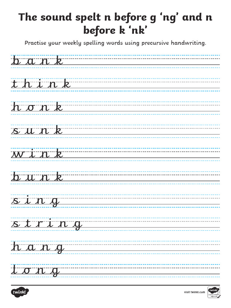 Grade 2 Phonics - Ng -Nk Handwriting Practice - Precursive Looped | PDF