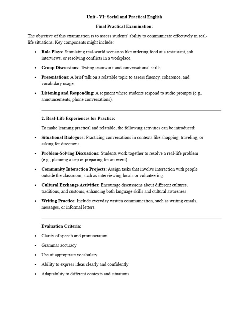 18. Social and Practical English- Final Practical assessment | PDF