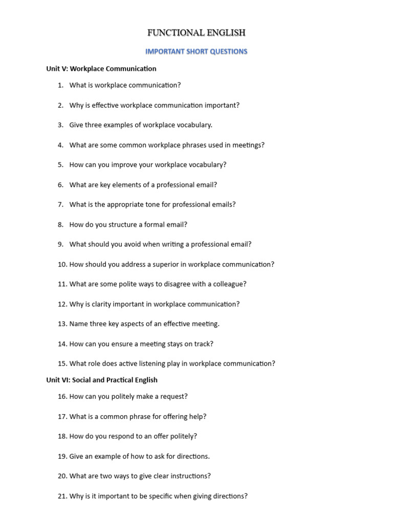 FUNCTIONAL ENGLISH (Important Questions) | PDF | Communication ...