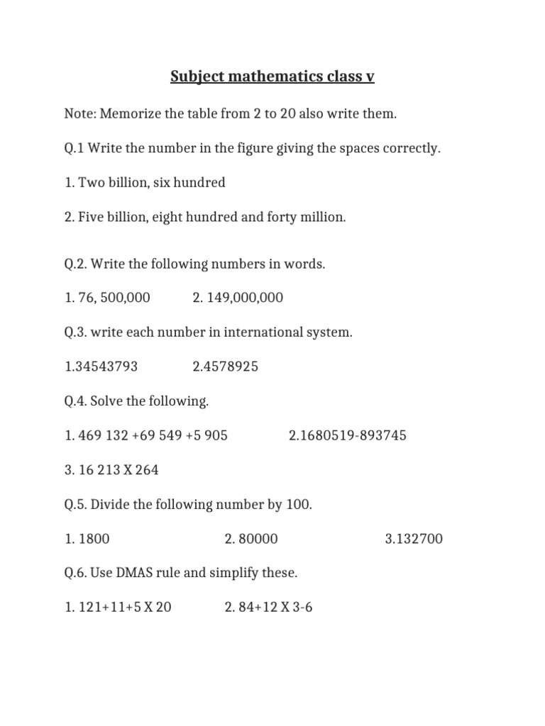 Subject Mathematics Class V | PDF