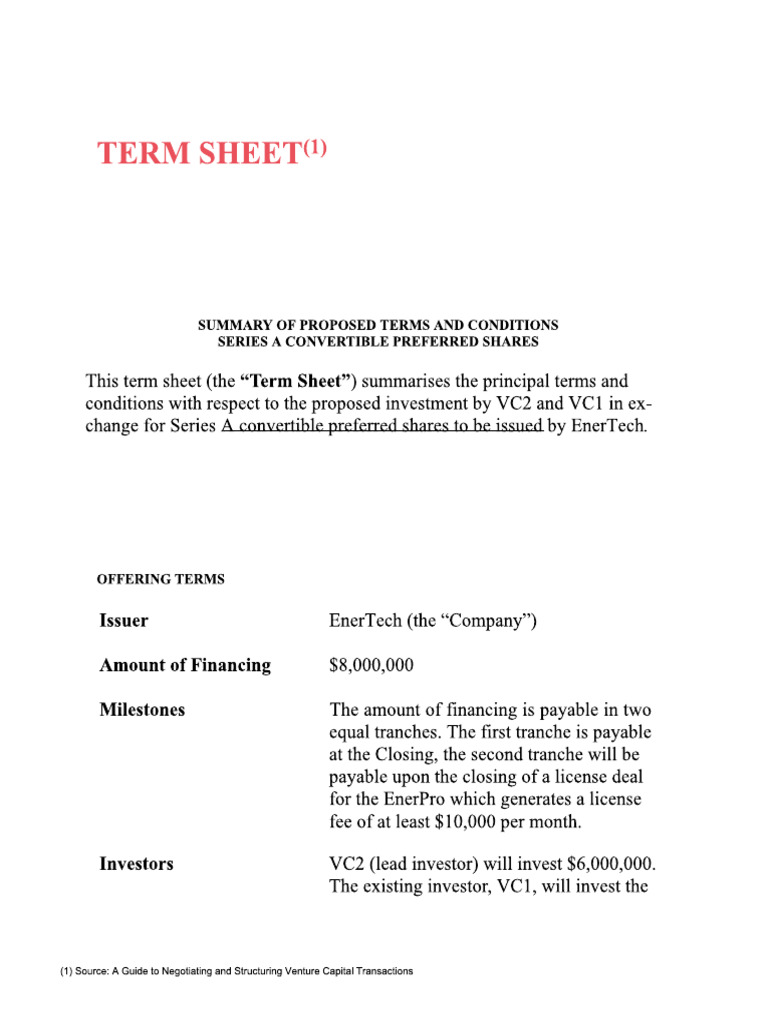 19 - Sample Term Sheet - VC Vs Entrepreneur | PDF