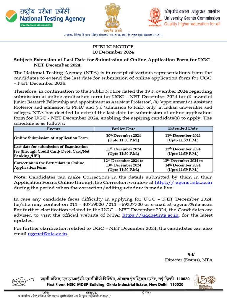 Public Notice For Extension of Dates For Ugc Net December 2024 | PDF ...
