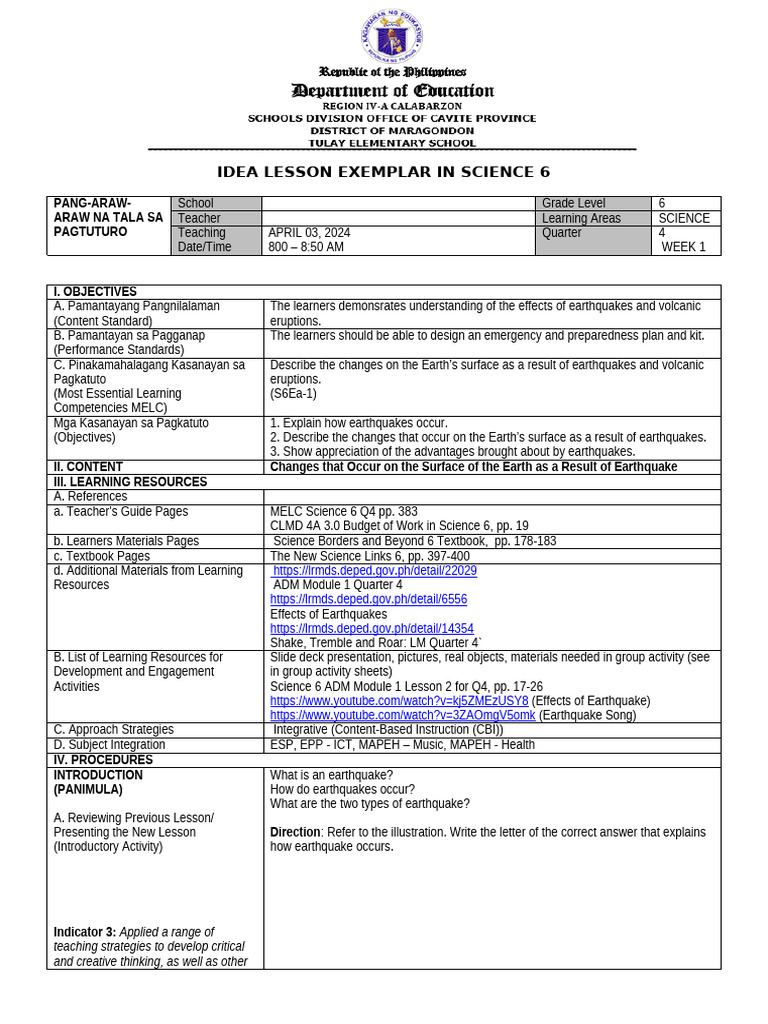 Cot 4 - Science 6 Q4 W1 Lesson Exemplar | PDF | Earthquakes | Geological Hazards
