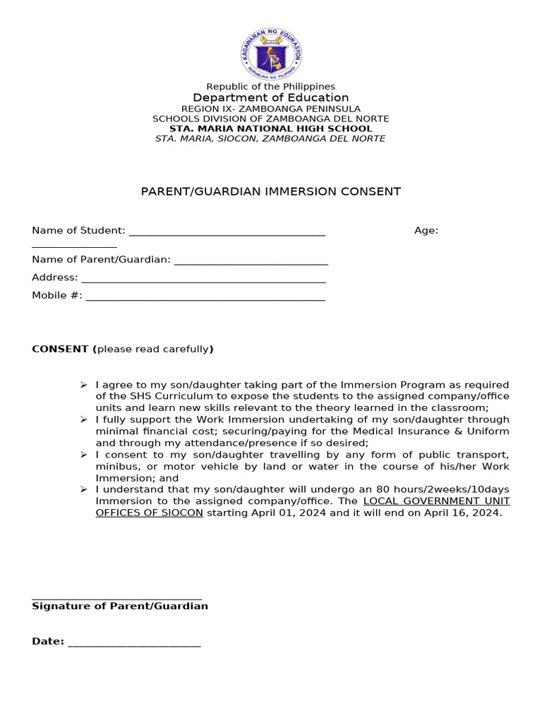 Immersion Consent Form 2 | PDF