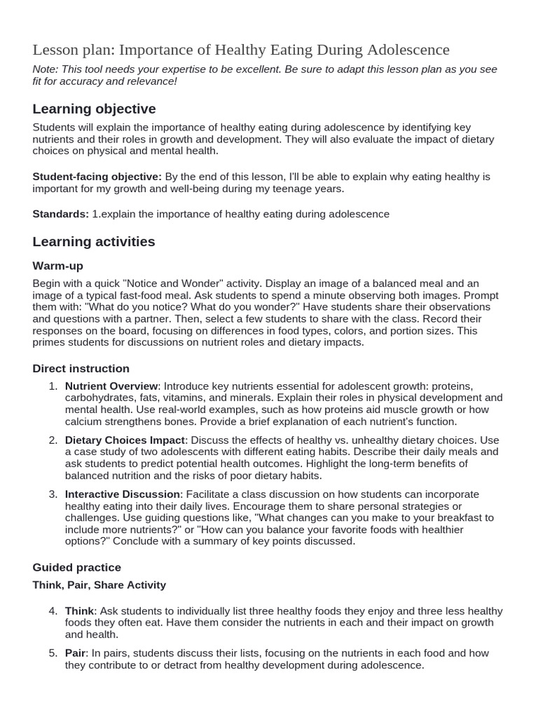 Healthy Eating for Teens Lesson Plan | PDF | Diet (Nutrition) | Diet ...
