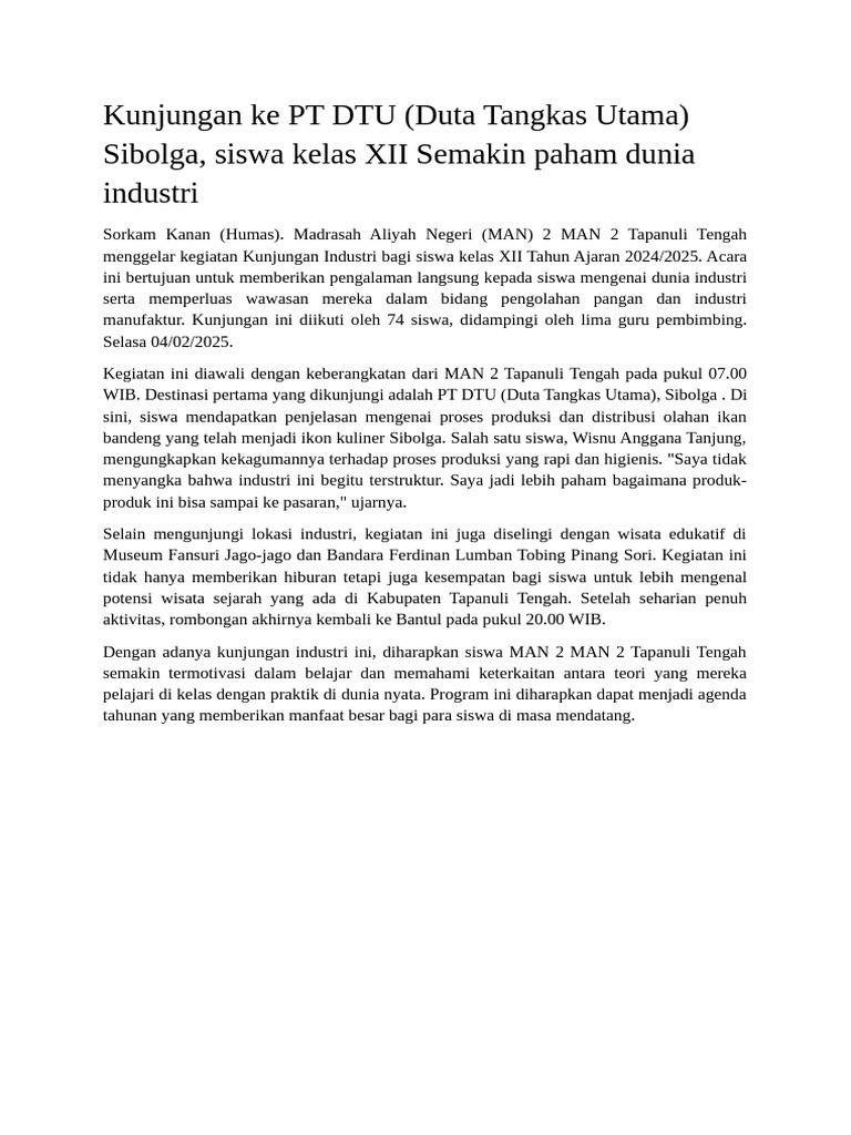 Kunjungan Ke PT DTU | PDF