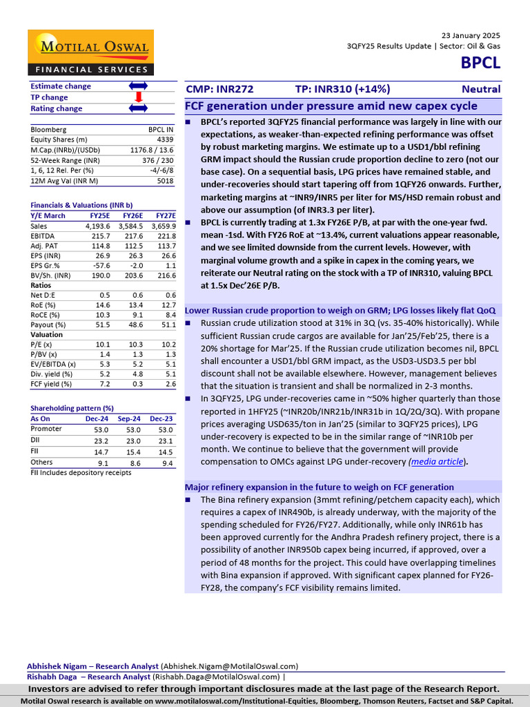 BPCL 20250123 Mosl Ru PG012 | PDF | Financial Accounting