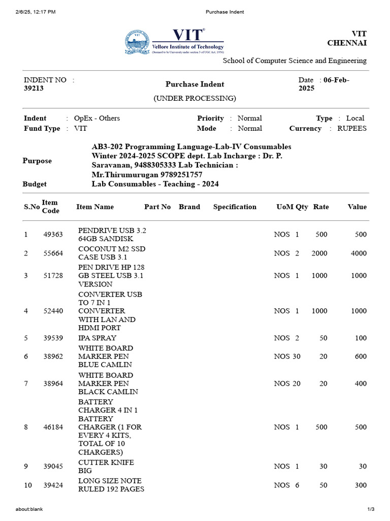 VIT Chennai Lab Consumables Indent 2025 | PDF | Usb Flash Drive ...