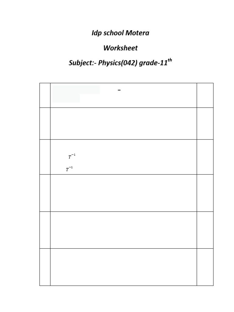 Grade 11 Physics Worksheet - Idp School Motera | PDF | Force | Acceleration