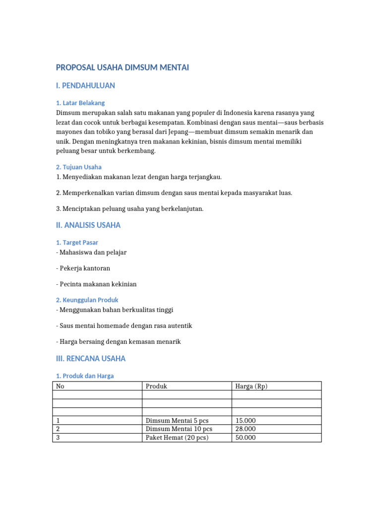 Proposal Usaha Dimsum Mentai | PDF