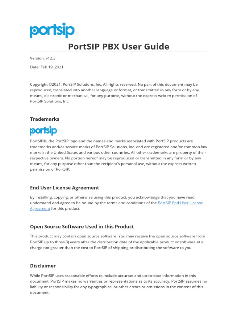 Portsip Pbx User Guide v12.3 En | PDF | Session Initiation Protocol | Port (Computer Networking)