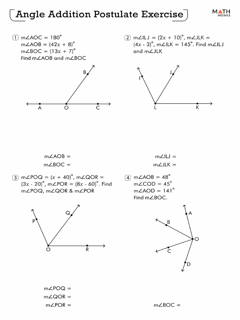 Geometry Angle Addition Postulate Worksheet | PDF