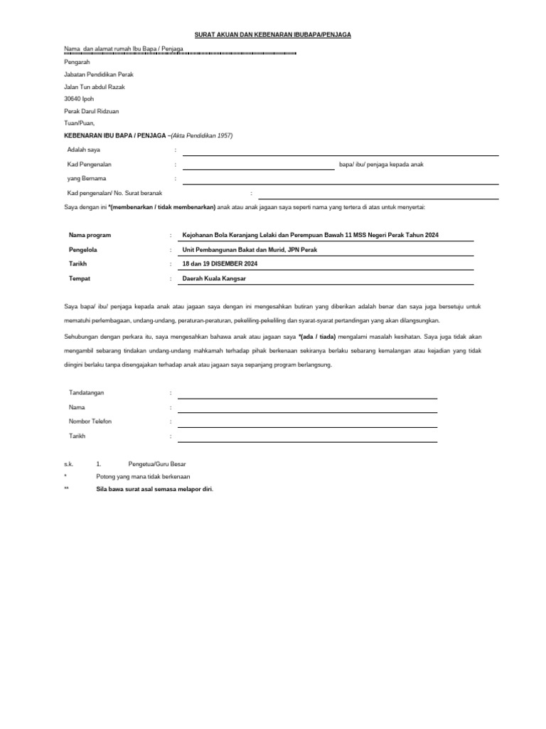 SURAT KEBENARAN IBU BAPA 2024 B11 | PDF