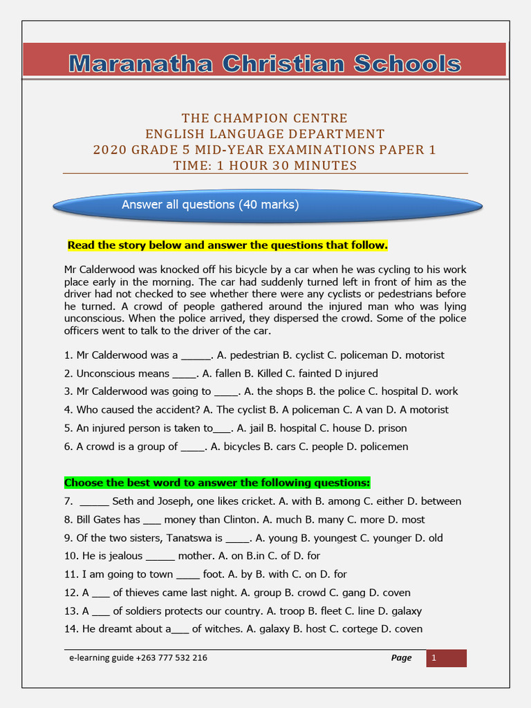 2020 Grade 5 Mid Year English Paper 1 | PDF | Botswana