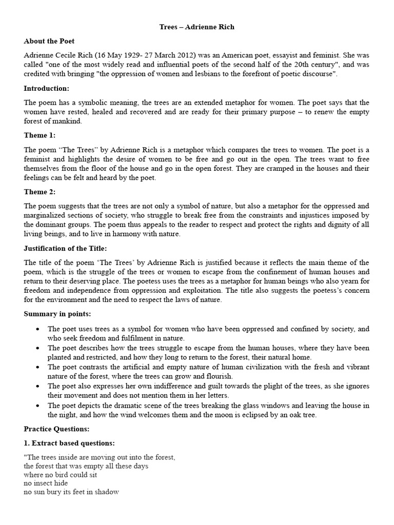 Notes Class 10 Trees Notes and PQ | PDF | Trees | Poetry