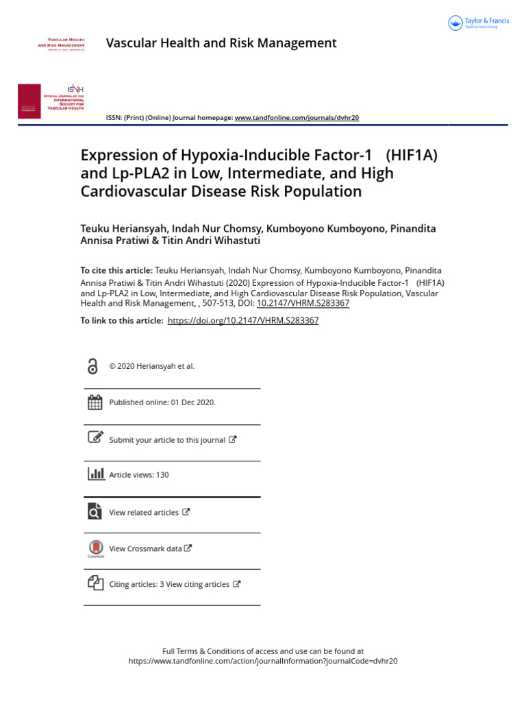 Expression of Hypoxia-Inducible Factor-1 HIF1A and Lp-PLA2 in Low ...