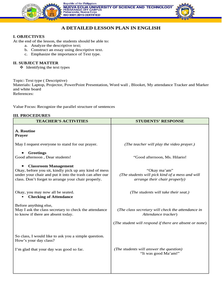Lesson Plan: Analyzing Descriptive Text | PDF | Linguistics | Human ...