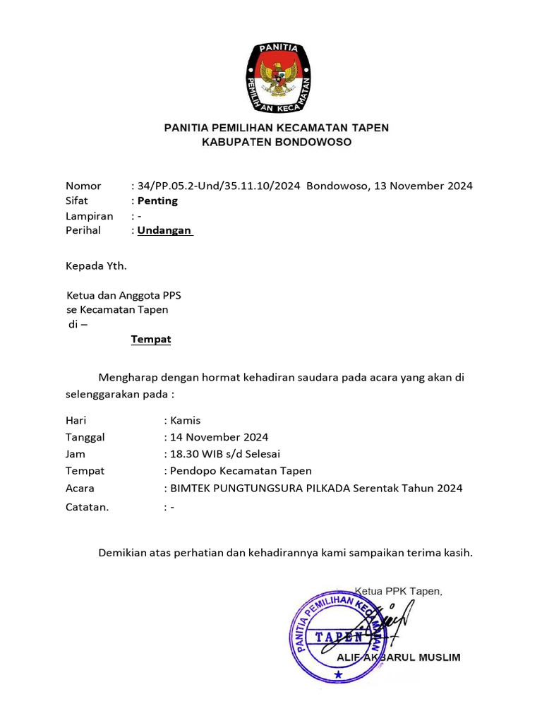 Undangan BIMTEK Pilkada 2024 Tapen | PDF