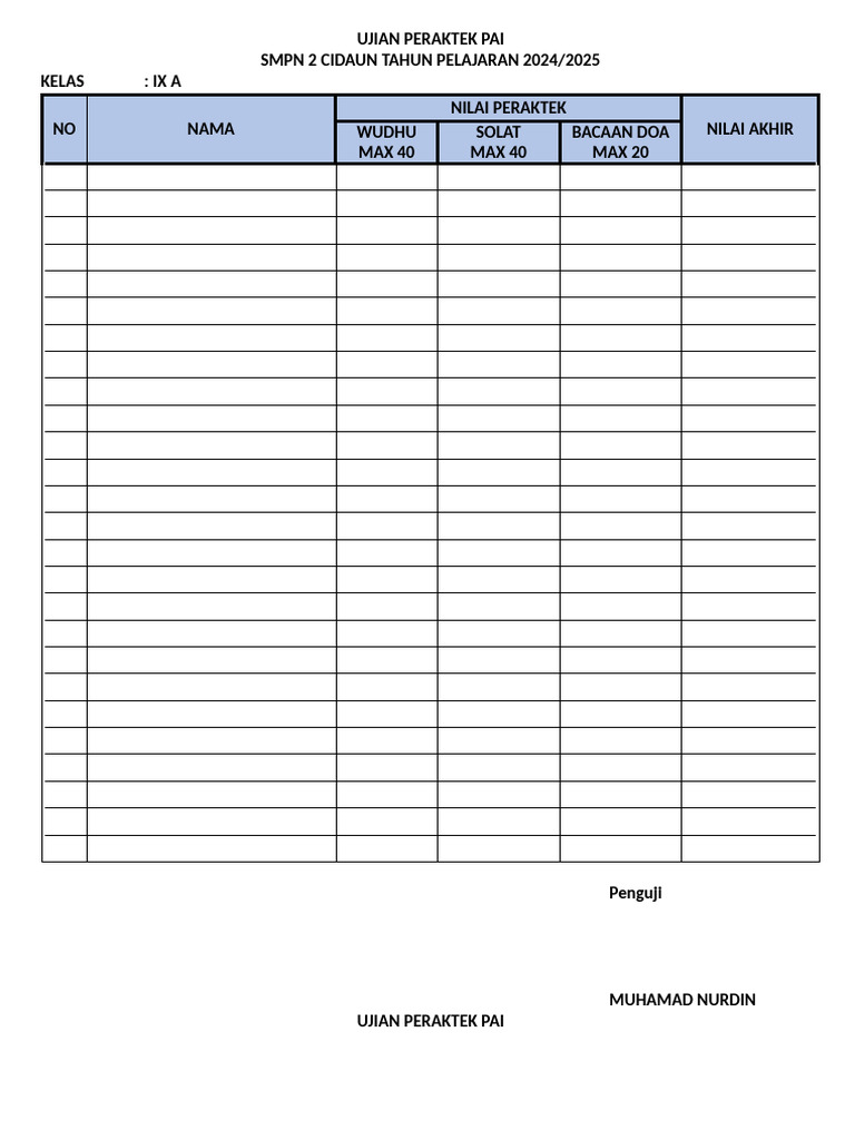 Format Nilai Ujian Peraktek Pai 2025 | PDF