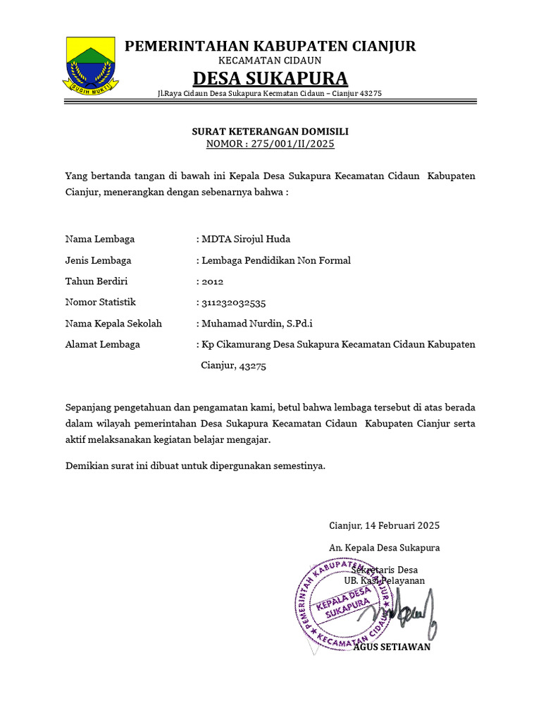 Surat Keterangan Domisili MDTA Cianjur | PDF