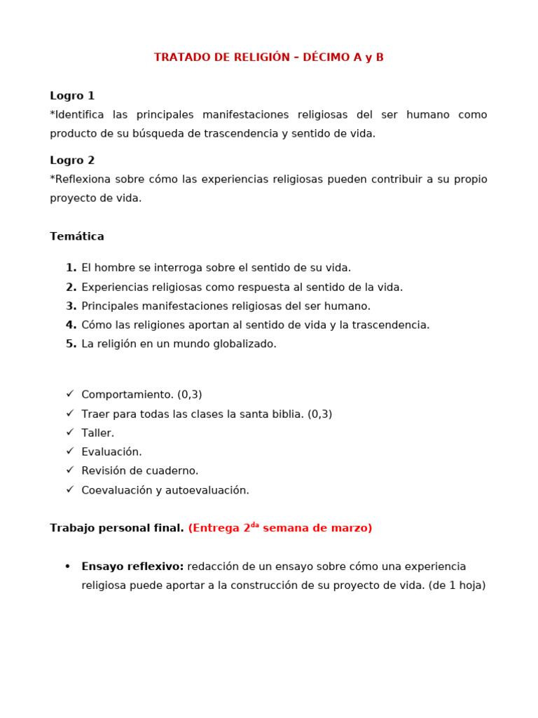 9 - Tratado de Religión - Décimo A y B | PDF