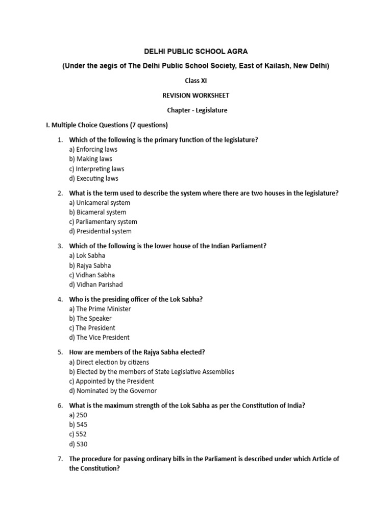 Class XI Legislature Revision Worksheet | PDF | Legislature | Democracy