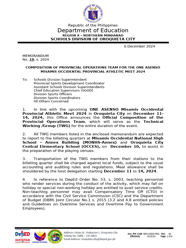 Dm - Composition of Provincial Operations Team for the One Asenso ...