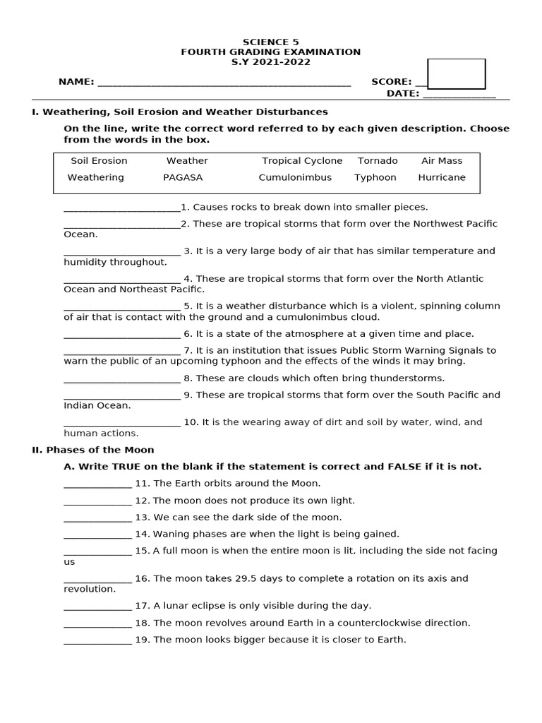 SCIENCE - 5 4th Quarter Exam | PDF | Tropical Cyclones | Moon