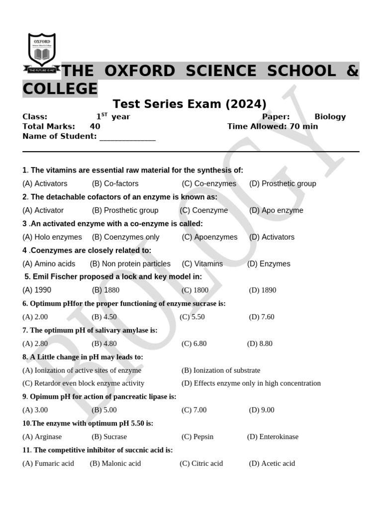 1st Year Biology Exam: Enzymes Focus | PDF | Enzyme | Cofactor ...