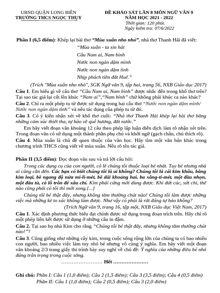 Đề Kiểm Tra Khảo Sát Lần 8 Ngữ Văn 9 - MXNN, Ý Nghĩa Những Điều Nhỏ Bé | PDF