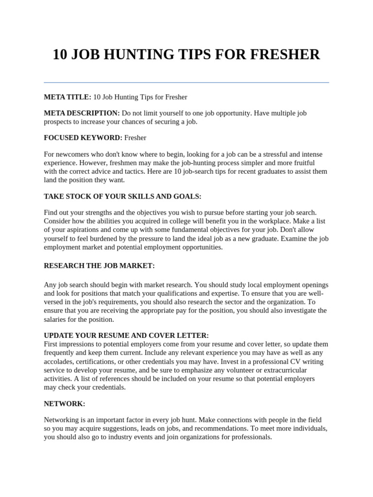 10 Job Hunting Tips For Fresher | PDF | Résumé | Recruitment