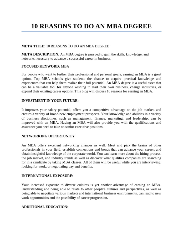 10 Key Benefits of Earning an MBA | PDF | Master Of Business ...