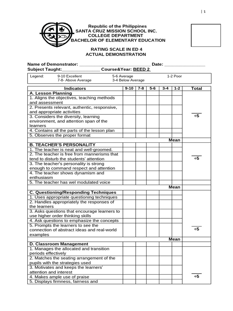 ED 4 Actual-Teaching-Demo-Rating-Scale | PDF | Teachers | Learning