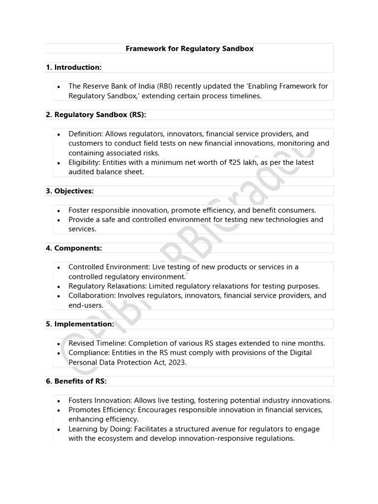 Framework for Regulatory Sandbox | PDF | Innovation | Risk
